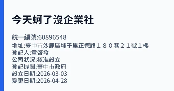 今天蚵了沒企業社的照片-統編 60896548(臺中市) 公司登記資料與營業項目詳細圖表