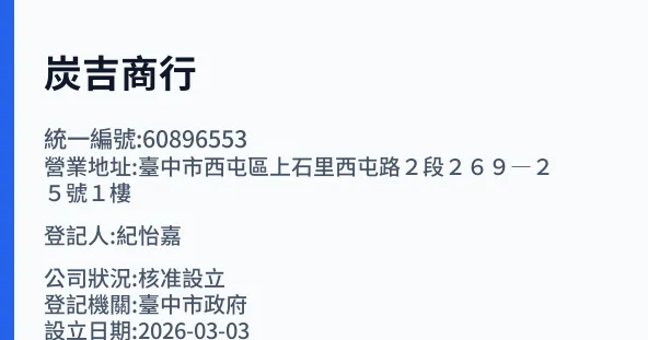 炭吉商行的照片-統編 60896553(臺中市) 公司登記資料與營業項目詳細圖表