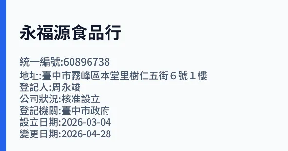 永福源食品行的照片-統編 60896738(臺中市) 公司登記資料與營業項目詳細圖表