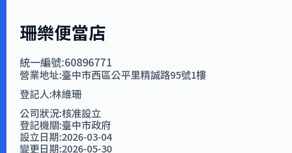 珊樂便當店的照片-統編 60896771(臺中市) 公司登記資料與營業項目詳細圖表