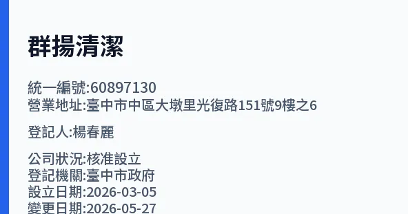 群揚清潔的照片-統編 60897130(臺中市) 公司登記資料與營業項目詳細圖表