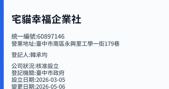 宅貓幸福企業社的照片-統編 60897146(臺中市) 公司登記資料與營業項目詳細圖表