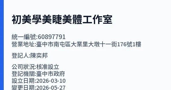 初美學美睫美體工作室的照片-統編 60897791(臺中市) 公司登記資料與營業項目詳細圖表