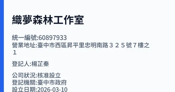 織夢森林工作室的照片-統編 60897933(臺中市) 公司登記資料與營業項目詳細圖表