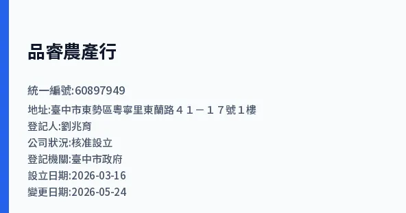 品睿農產行的照片-統編 60897949(臺中市) 公司登記資料與營業項目詳細圖表
