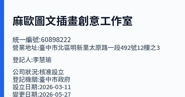 麻歐圖文插畫創意工作室的照片-統編 60898222(臺中市) 公司登記資料與營業項目詳細圖表