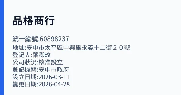 品格商行的照片-統編 60898237(臺中市) 公司登記資料與營業項目詳細圖表