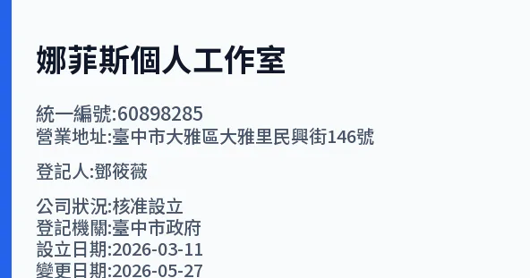 娜菲斯個人工作室的照片-統編 60898285 公司登記資料與營業項目詳細圖表