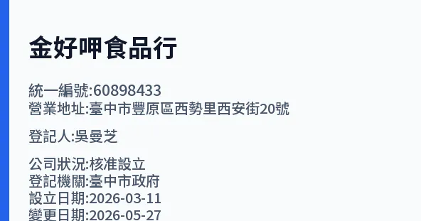 金好呷食品行的照片-統編 60898433(臺中市) 公司登記資料與營業項目詳細圖表