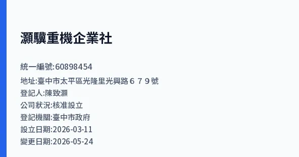 灝驥重機企業社的照片-統編 60898454(臺中市) 公司登記資料與營業項目詳細圖表