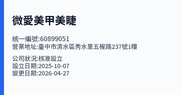 微愛美甲美睫的照片-統編 60899051(臺中市) 公司登記資料與營業項目詳細圖表