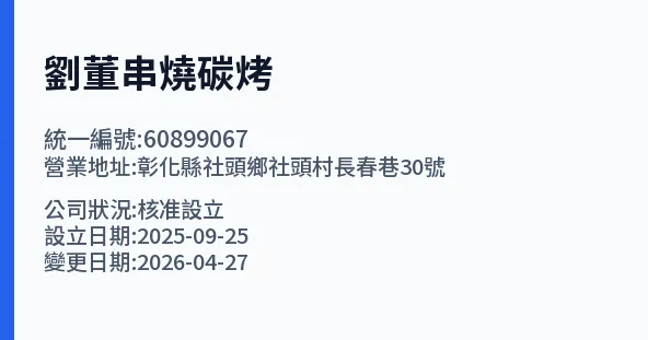 劉董串燒碳烤的照片-統編 60899067(彰化縣) 公司登記資料與營業項目詳細圖表