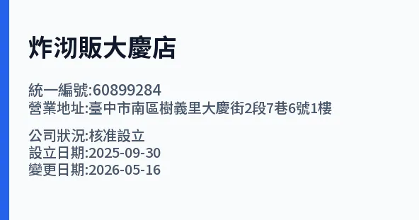 炸沏販大慶店的照片-統編 60899284(臺中市) 公司登記資料與營業項目詳細圖表