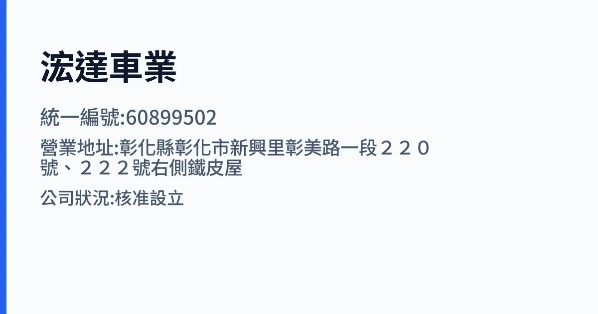浤達車業 - 統編 60899502(彰化縣) 公司登記資料與營業項目詳細圖表