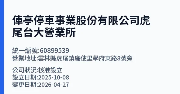俥亭停車事業股份有限公司虎尾台大營業所的照片-統編 60899539(雲林縣) 公司登記資料與營業項目詳細圖表
