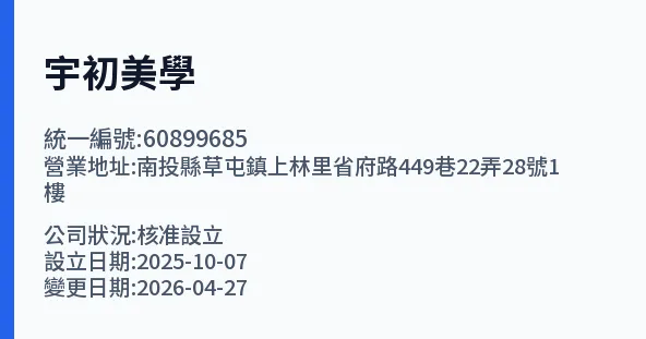 宇初美學的照片-統編 60899685(南投縣) 公司登記資料與營業項目詳細圖表
