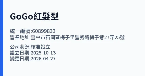 GoGo紅髮型的照片-統編 60899833(臺中市) 公司登記資料與營業項目詳細圖表