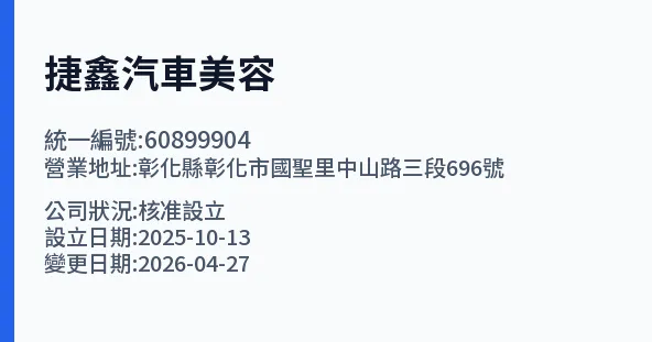 捷鑫汽車美容的照片-統編 60899904(彰化縣) 公司登記資料與營業項目詳細圖表