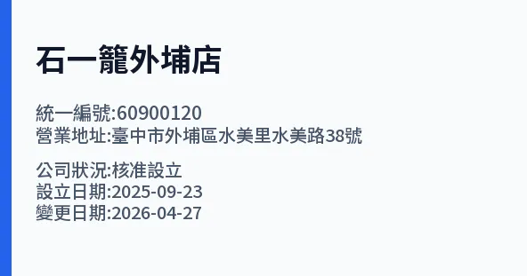 石一籠外埔店的照片-統編 60900120(臺中市) 公司登記資料與營業項目詳細圖表