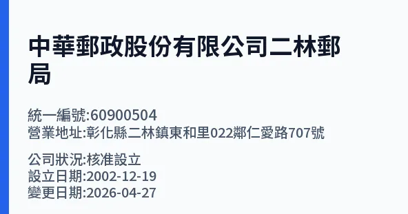 中華郵政股份有限公司二林郵局的照片-統編 60900504(彰化縣) 公司登記資料與營業項目詳細圖表