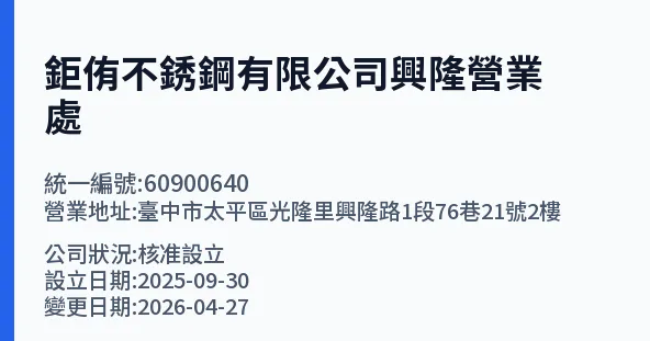 鉅侑不銹鋼有限公司興隆營業處的照片-統編 60900640(臺中市) 公司登記資料與營業項目詳細圖表