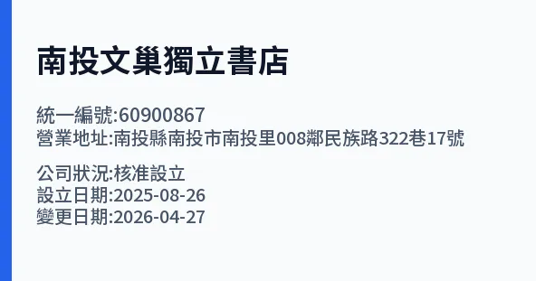 南投文巢獨立書店的照片-統編 60900867(南投縣) 公司登記資料與營業項目詳細圖表