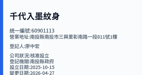 千代入墨紋身的照片-統編 60901113(南投縣) 公司登記資料與營業項目詳細圖表