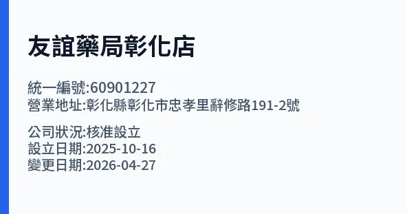 友誼藥局彰化店的照片-統編 60901227(彰化縣) 公司登記資料與營業項目詳細圖表