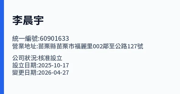 李晨宇的照片-統編 60901633(苗栗縣) 公司登記資料與營業項目詳細圖表
