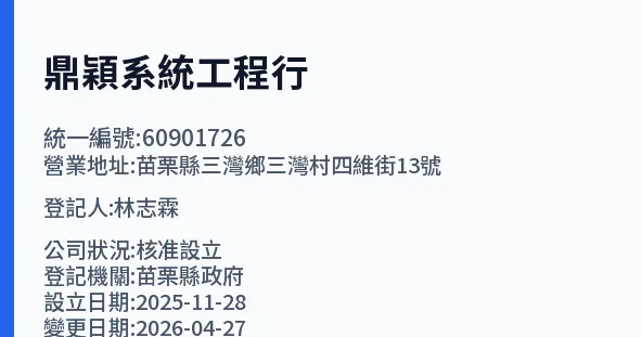 鼎穎系統工程行的照片-統編 60901726(苗栗縣) 公司登記資料與營業項目詳細圖表