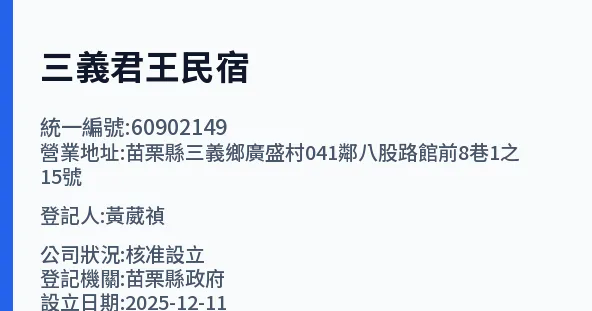 三義君王民宿的照片-統編 60902149(苗栗縣) 公司登記資料與營業項目詳細圖表