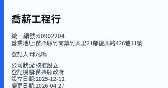 喬薪工程行的照片-統編 60902204(苗栗縣) 公司登記資料與營業項目詳細圖表