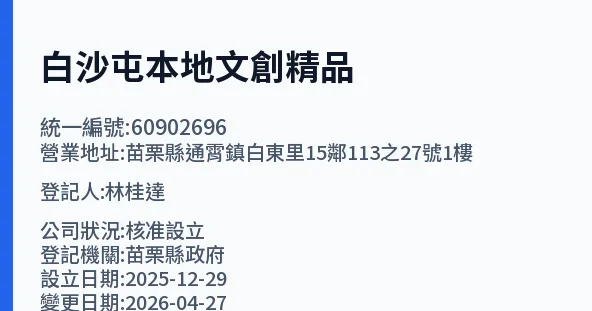 白沙屯本地文創精品的照片-統編 60902696(苗栗縣) 公司登記資料與營業項目詳細圖表