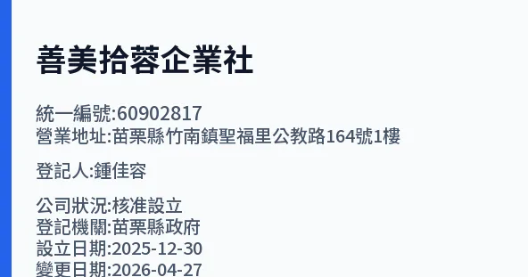 善美拾蓉企業社的照片-統編 60902817(苗栗縣) 公司登記資料與營業項目詳細圖表