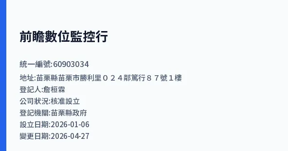 前瞻數位監控行的照片-統編 60903034(苗栗縣) 公司登記資料與營業項目詳細圖表