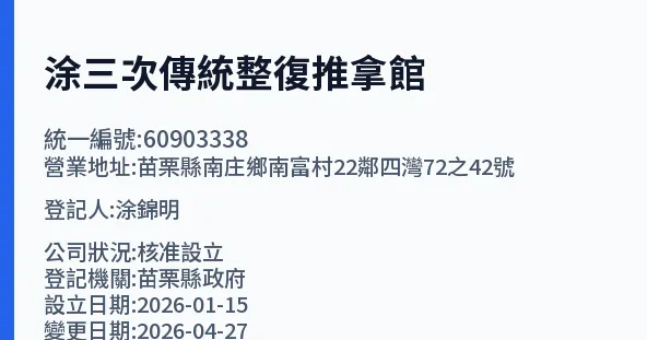 涂三次傳統整復推拿館的照片-統編 60903338(苗栗縣) 公司登記資料與營業項目詳細圖表