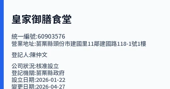 皇家御膳食堂的照片-統編 60903576(苗栗縣) 公司登記資料與營業項目詳細圖表