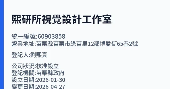 熙研所視覺設計工作室的照片-統編 60903858(苗栗縣) 公司登記資料與營業項目詳細圖表