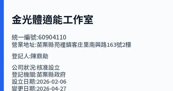 金光體適能工作室的照片-統編 60904110(苗栗縣) 公司登記資料與營業項目詳細圖表