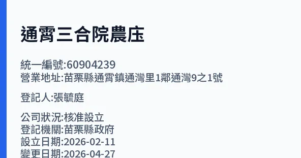 通霄三合院農庒的照片-統編 60904239(苗栗縣) 公司登記資料與營業項目詳細圖表