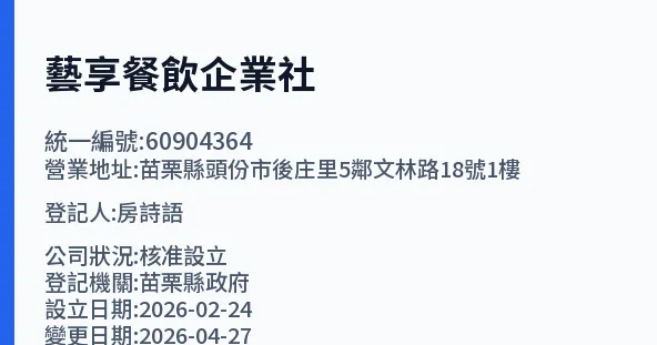 藝享餐飲企業社的照片-統編 60904364(苗栗縣) 公司登記資料與營業項目詳細圖表