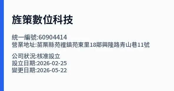 旌策數位科技的照片-統編 60904414(苗栗縣) 公司登記資料與營業項目詳細圖表