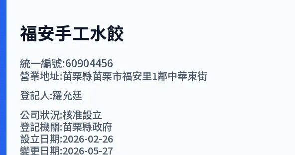 福安手工水餃的照片-統編 60904456(苗栗縣) 公司登記資料與營業項目詳細圖表
