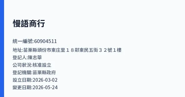 慢語商行的照片-統編 60904511(苗栗縣) 公司登記資料與營業項目詳細圖表