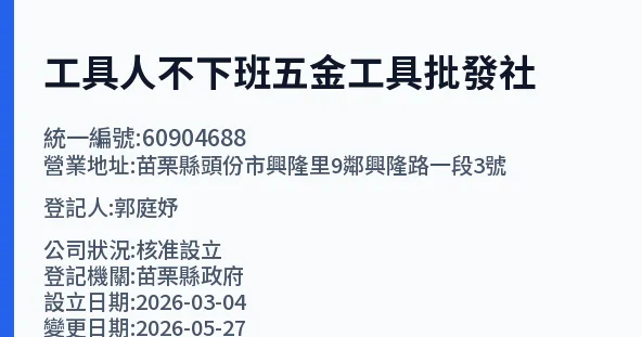 工具人不下班五金工具批發社的照片-統編 60904688(苗栗縣) 公司登記資料與營業項目詳細圖表