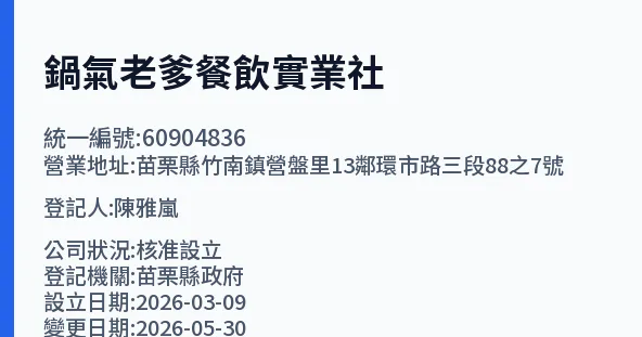 鍋氣老爹餐飲實業社的照片-統編 60904836(苗栗縣) 公司登記資料與營業項目詳細圖表