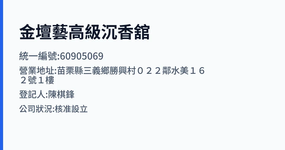 金壇藝高級沉香舘 - 統編 60905069(苗栗縣) 公司登記資料與營業項目詳細圖表