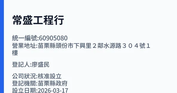 常盛工程行的照片-統編 60905080(苗栗縣) 公司登記資料與營業項目詳細圖表