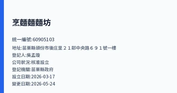 烹麵麵麵坊的照片-統編 60905103(苗栗縣) 公司登記資料與營業項目詳細圖表