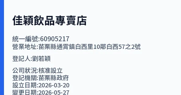 佳穎飲品專賣店的照片-統編 60905217(苗栗縣) 公司登記資料與營業項目詳細圖表